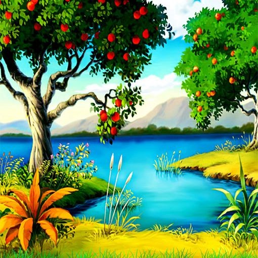 Cartoon Photography Backdrops Apple Tree Lake Blue Sky Background For ...