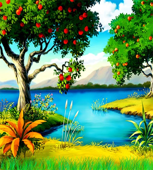 Cartoon Photography Backdrops Apple Tree Lake Blue Sky Background For ...
