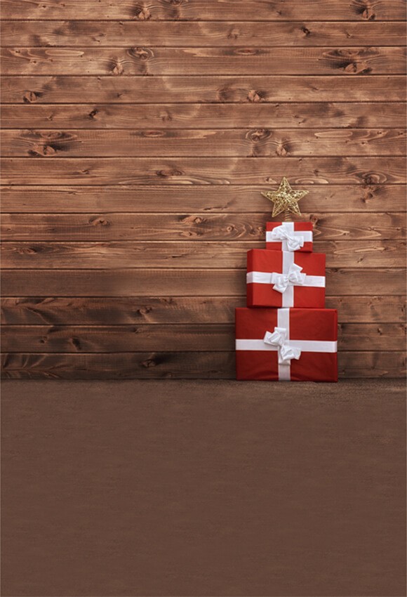 Christmas Photography Backdrops Brown Wood Wall Red Gift Box Wood Floor ...