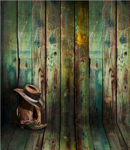 Photography Backdrops Green Wood Floor Cowboy Hat Western Background